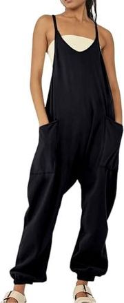 Generic Salopette d&eacute;contract&eacute;e sans manches pour femme avec bretelles spaghetti extensible pour femme - Combinaison &agrave; jambe large - Combinaison pour femme - T