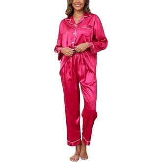 Generic Pyjama 2 pi&egrave;ces en soie pour femme, ensemble de pyjama 2 pi&egrave;ces en soie pour femme, v&ecirc;tement de nuit confortable, pyjama soyeux, fuchsia, XXL