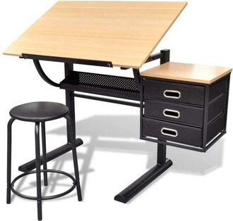 vidaXL Vidaxl - Table &agrave; dessin inclinable &agrave; 3 tiroirs avec tabouret