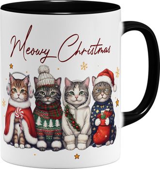 OM3 Meowy Christmas Kaffee-Tasse mit s&uuml;&szlig;en K&auml;tzchen - Weihnachtstasse 4 Katzen - Keramik Becher - 325ml - Beidseitig Bedruckt - Schwarz