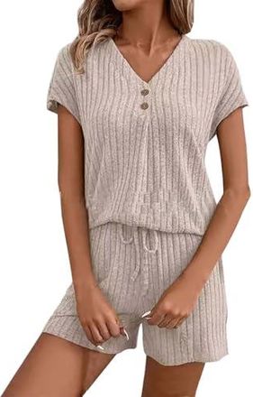 Generic Pyjama Femme Hiver Coton Ensembles de Pyjama Ensembles de Pyjamas pour Femmes, Ensembles en côtelé, Doux, Manches Courtes, Ensemble de vêtements de Nu