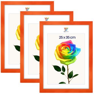 MG Design 3er Set Bilderrahmen 25 x 35 cm - Fotorahmen mit Orange Echtholzrahmen und bruchsicherem Acrylglas, Hoch & Quer zum Aufh&auml;ngen, zum Aufstellen