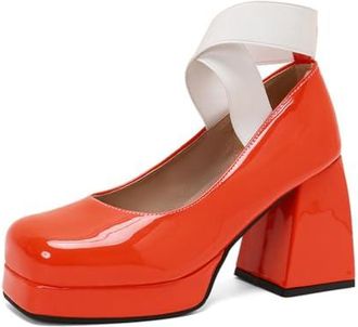 Generic Femmes Plate-Forme Haut Chunky Ballet Talons Fermé Bout carré Couleur Unie Slip on Pompes Confortable Habillé Chaussures de soirée,Orange,42.5 EU