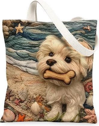 Generic Sac fourre-tout amusant en toile motif chien maltais 33 x 38 cm, sac d&eacute;picerie r&eacute;utilisable pour femme, peinture danimaux domestiques, d&eacute;coration cade