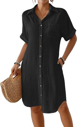 Bsubseach Womens Badeanzug Cover Up Long Button Down Badeanzug Cover Ups Kurzarm Sommer Strand Shirt Kleid mit Taschen Schwarz XXL