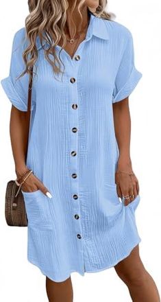 Generic Robe chemise d&eacute;t&eacute; en coton pour femme, manches courtes, boutonn&eacute;e, longueur genou, mini robe d&eacute;contract&eacute;e ample avec poches, bleu, XXL