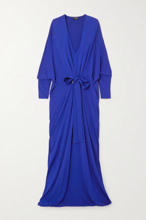 Tom Ford Robe Aus Seiden-jersey Mit Samtbes&auml;tzen Und Bindeg&uuml;rtel - Blau