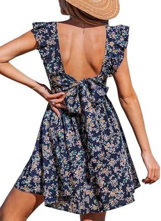 Cupshe Mini robe dété courte avec col en V et manches flottantes en coton à nouer dans le dos pour femme, Motif floral bleu marine, XL