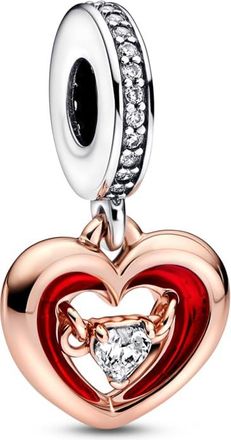 Pandora Bicolor Strahlendes Herz Charm-Anhänger aus Sterlingsilber mit Zirkonia in der Farbe Silber-Roségold-Rot, Kompatibel mit PANDORA Moments Armbänder, 78