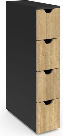IDMarket Lagerturm mit 4 Schubladen WILO auf Rollen, platzsparende S&auml;ule, schwarz und Buchenoptik