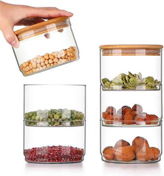 Generic Stapelbare Glasdosen mit Bambusdeckel, 3-stöckige Vorratsdosen aus Glas, stapelbare Vorratsbehälter, Glasdosen mit luftdichten Deckeln für Küche