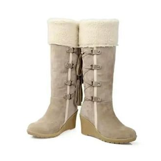Generic JJDFW Bottes dhiver pour femme en coton chaud froid hiver genou haut talon compens&eacute; bottes grande taille, beige, 37 1/3 EU