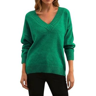 Generic Pull court court &agrave; manches longues raglan double face et col en V pour femme, pull court en tricot ample de couleur unie pour lautomne, Vert, 4XL