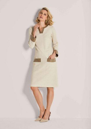 Madeleine Midikleid Elegantes Kleid mit Lederakzenten Baumwollkleid mit V-Ausschnitt und 3/4-&Auml;rmeln