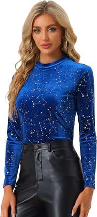 Allegra K Chemisier en Velours Métallisé Brillant Étoile À Col Rond Et Manches Longues pour Femmes Costume Bleu L