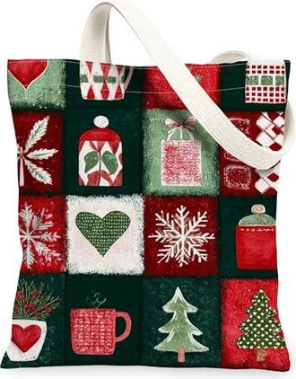 Generic Sacs fourre-tout en toile vintage pour vacances, d&eacute;corations festives, sacs d&eacute;picerie r&eacute;utilisables, sacs de No&euml;l l&eacute;gers et lavables &agrave; l&eacute;paule, Rouge,