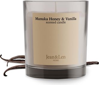 Jean & Len Scented Candle Manuka Honey & Vanilla, hergestellt mit Sheabutter, Brenndauer ca. 40 Stunden, minimalistisches Design, sinnlicher Duft, vegan, 195 g