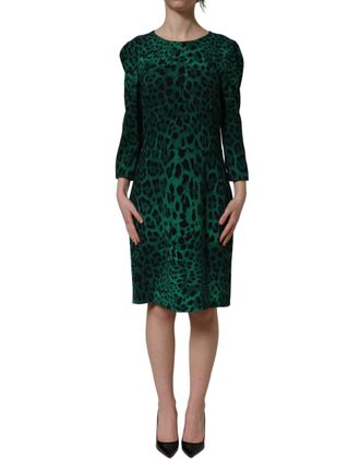 Dolce & Gabbana Womens Green Leopard Print Silk Knee Length Dress Elastane