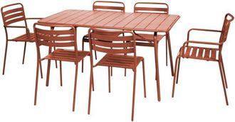 Sweeek Table de jardin pliante m&eacute;tal + 6 assises 2 fauteuils 4 chaises. Amelia. terracotta. 141.2 x 80 x 72.5cm