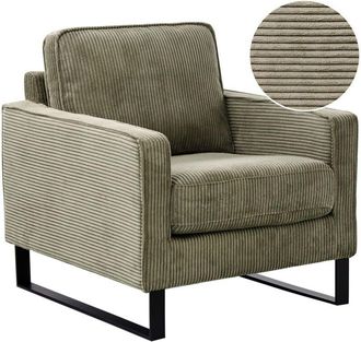 Beliani Sessel Gr&uuml;n Cord mit Schwarzen Edelstahlf&uuml;&szlig;en Dicke Polsterung Niedrige Armlehnen Retro Wohnzimmer Schlafzimmer Flur Ausstattung Sitzm&ouml;bel
