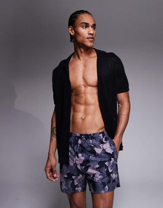 HUGO BOSS BOSS - Pike - Badeshorts in Navy mit Blattmuster-Marineblau