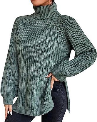 Generic Pull surdimensionné à col roulé pour femme, grande taille, pull ample en tricot chaud et doux avec fente latérale pour lautomne et lhiver à col roulé 