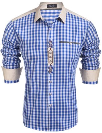 Coofandy Trachtenhemden Herren Langarm Oktoberfest Hemd Kariertes Tracht Hemden Karohemden Freizeithemd Baumwolle Regular fit Oktoberfest Herren Outfit 45-blau