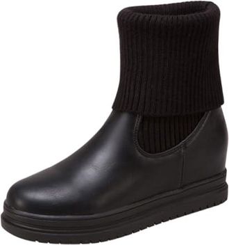 Generic Bottines Femme Plates Bout Rond Cuir Patchwork Chaussette Tricot&eacute;e Extensible Bottes Courtes &Agrave; Enfiler Plateforme Semelle Antid&eacute;rapante Chaussures D&eacute;c