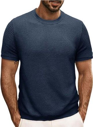 Generic T-shirt tricoté décontracté à manches courtes et col rond texturé pour homme, bleu, XXL
