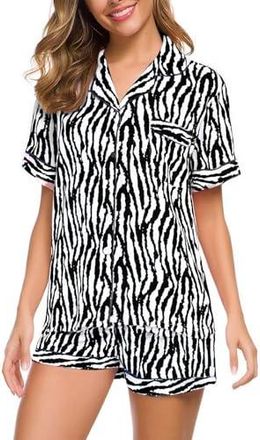 Generic Pyjama court pour femme avec boutonnière - 2 pièces - Pyjama dété - Motif mignon - Haut et short de nuit - Pyjama à revers - Vêtement de détente, h, M