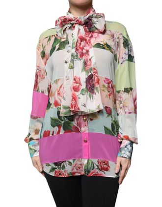 Dolce & Gabbana Womens Multicolor Floral Patchwork Ascot Collar Top Silk Elastane