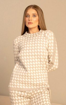 Passioni Strickpullover mit geometrischem Muster in Hellgrau und Ecru