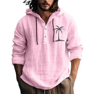 Generic Chemise en lin pour homme - Coton et lin - Sweat &agrave; capuche - Boutonni&egrave;re - Manches longues - Avec capuche - Chemise d&eacute;t&eacute; confortable - Chemise de lois