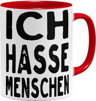 OM3 Ich hasse Menschen Kaffee-Tasse mit Spruch II - Statement Spruchtasse - Keramik Becher - 11oz 325ml - Beidseitig Bedruckt - Rot