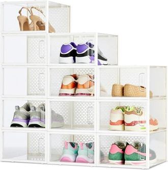 Amazon Basics Schuhaufbewahrungsbox, stapelbar und faltbar, mittelgroß, 12 Stück, Transparent