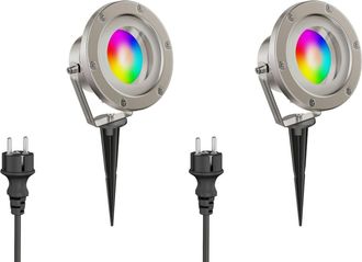 LEDs Com 2 Stück Gartenstrahler BULA mit Erdspieß für außen, Edelstahl + RGB Leuchtmittel warmweiß - kaltweiß (2900-6200)