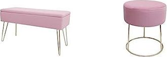 Echtwerk Sitzbank Scarlett mit Stauraum und Metallbeinen, runder gepolsteter Sitzhocker Marilyn mit Samtbezug, Rosa