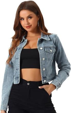 Allegra K Femmes Bouton Cou Manche Longues Basic Décontracté Tondu Denim Jean Veste Bleu Poussiéreux L