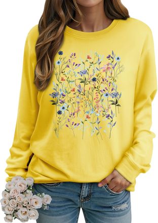 Dresswel Sweatshirt Damen Vintage Inspirierte Botanisches Blumen Druck Rundhals Langarmshirt Baumwolle Pullover Herbst Winter Langarm Oberteile Tops