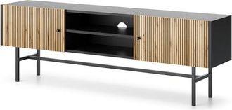 Selsey TV Schrank Lowboard Board Sideboard Fernsehtisch Fernsehschrank 2 Türen Fächer 155 cm Mit Lamellen Metallbeine Pulverbeschichtet Eiche Schwarz Divenos
