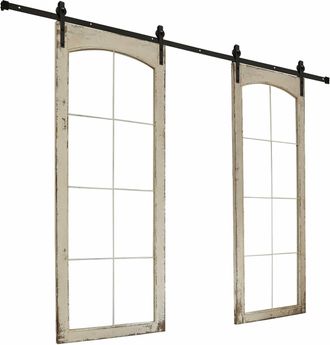 Loberon Doppelschiebetür Incles, mit Großzügigen Glaseinsätzen, Nostalgisches Flair, mit Antik-Finish, inkl. Schiene, Raumteiler, Raumtrenner, Kiefernholz, Ei