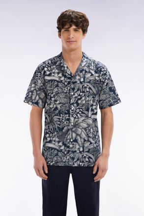 Eden Park Chemise &Agrave; Manches Courtes En Coton Marine Imprim&eacute; Jungle Coupe Ajust&eacute;e