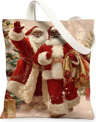 Generic Sacs fourre-tout en toile avec motif Père Noël - Légers et lavables - Réutilisables - Pour offrir en cadeau, fête, voyage - 33 x 38 cm