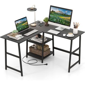 Costway Costway - Bureau en Forme de l avec Station de Recharge et Ports usb a & c, Bureau dangle de 120 x 120 cm, Etag&egrave;res de Rangement, Poste de Travail