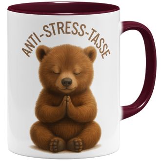 OM3 B&auml;rchen Anti-Stress Kaffee-Tasse - S&uuml;&szlig;e B&auml;r Keramiktasse mit Namaste Motiv - Keramik Becher - 325ml - Beidseitig Bedruckt - Bordeaux