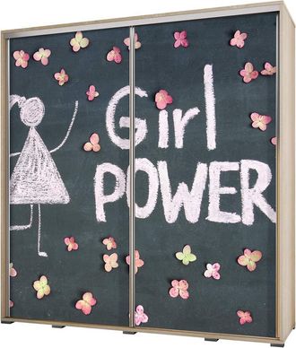 Selsey Girl Power - Kleiderschrank 2-t&uuml;rig mit Schiebet&uuml;ren und Tafelzeichnung 3D-Motiv 205cm (Korpus in Sonoma Eiche)