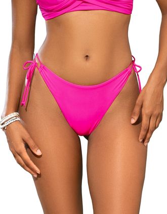 SHEKINI Damen Tie Side Bikini Bottom Hochgeschnittener Brasilianischer Tanga Gerüschter Rücken Badeanzug Bottoms(XL,Fluoreszierendes Rosa)