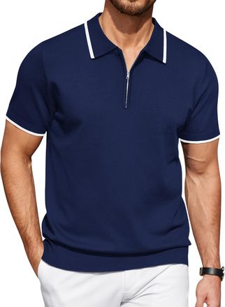Coofandy Herren-Poloshirt mit Rei&szlig;verschluss, l&auml;ssig, gestrickt, kurz&auml;rmelig, Klassische Passform, Marineblau, Mittel