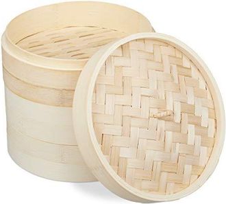 Relaxdays 10031463 Bambus, asiatischer Dämpfkorb mit 3 Etagen, für Dim Sum, Reis, Dampfgarer Einsatz, Ø 24 cm, Natur, Hellbraun