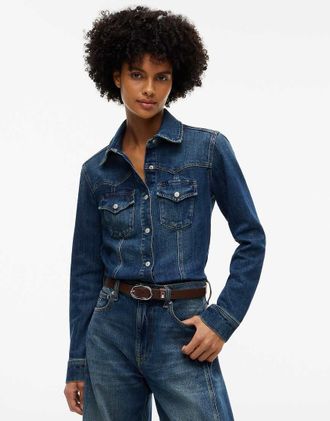 Tommy Jeans schmal geschnittenes Western-Denimhemd in dunklem Denim-Blau